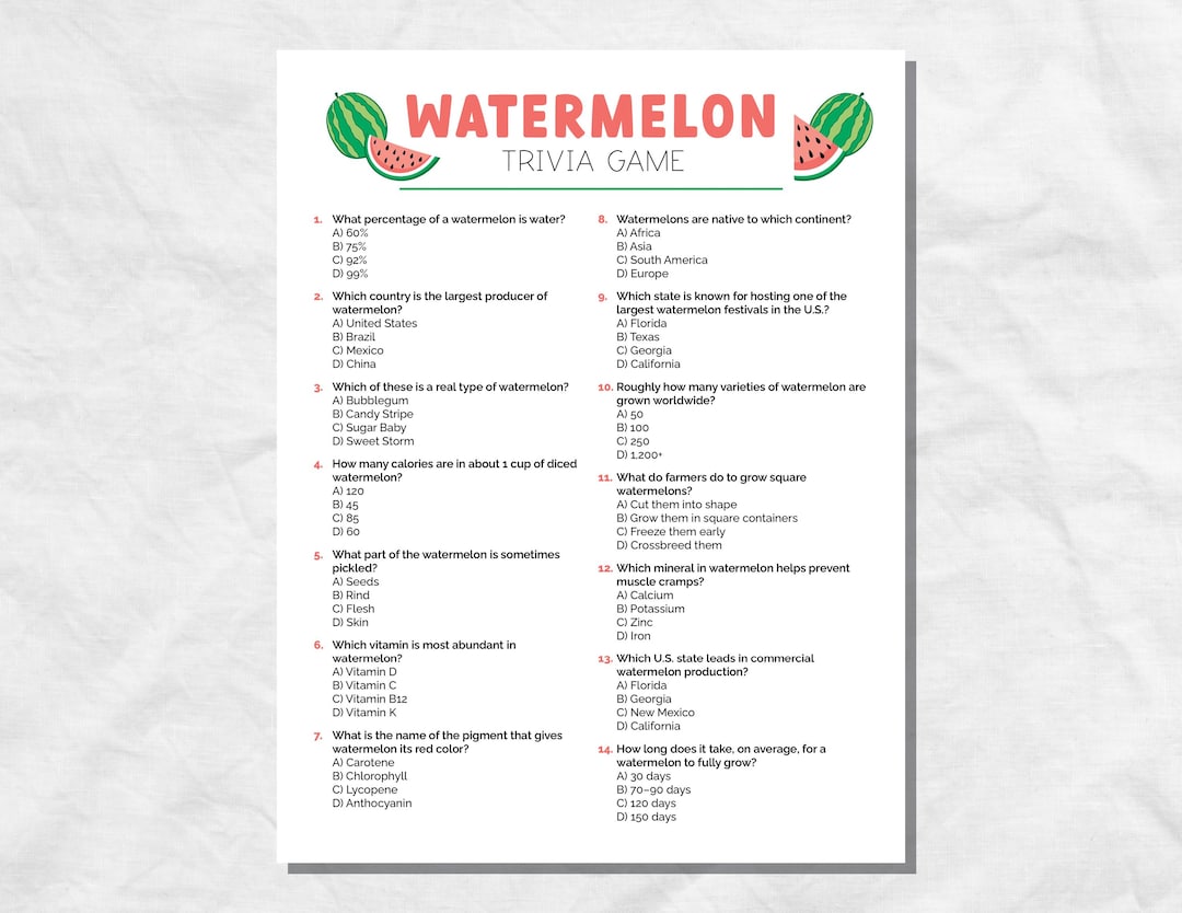 Watermelon Trivia Game for Summer Party, Fun Trivia Game for Family ...