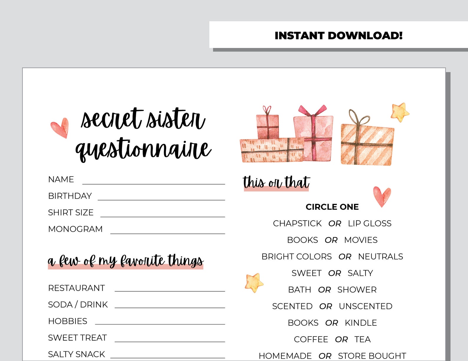 Christmas Secret Sister Questionnaire, Gift Exchange Survey and ...