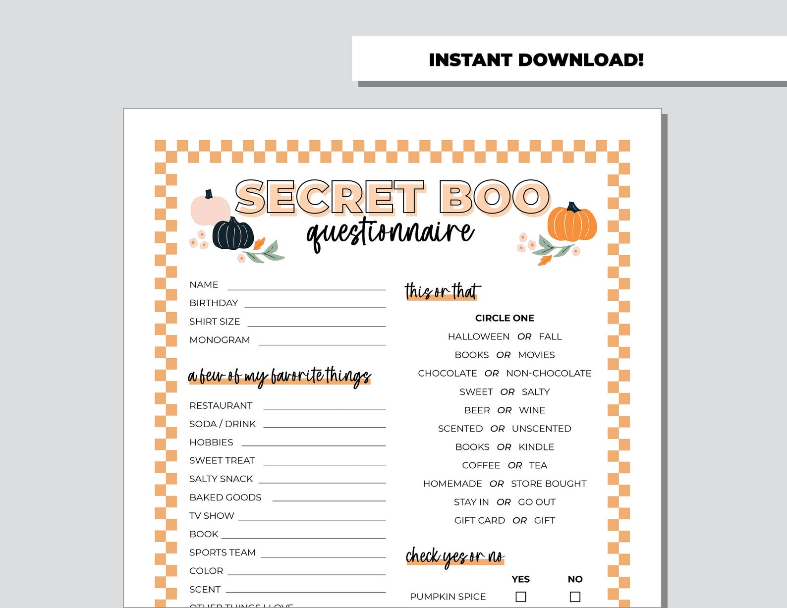 Halloween Secret Boo Questionnaire, Fall Gift Exchange Survey and ...