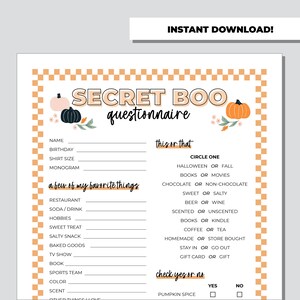 Halloween Secret Boo Questionnaire, Fall Gift Exchange Survey and ...