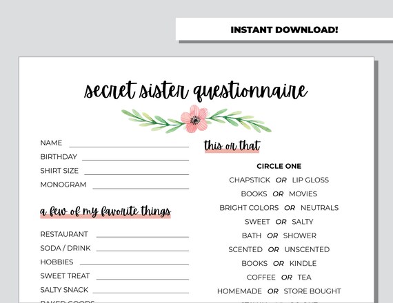 Secret Sister Questionnaire Form