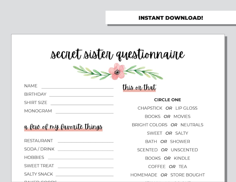 Secret Sister Questionnaire Gift Exchange Survey and Favorite - Etsy