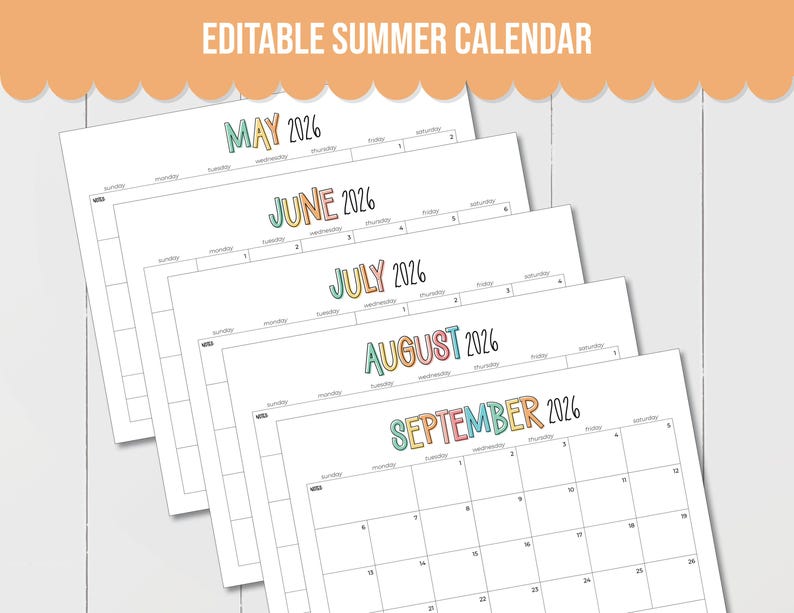 EDITABLE Summer 2026 Calendar Set Including May, June, July, August ...