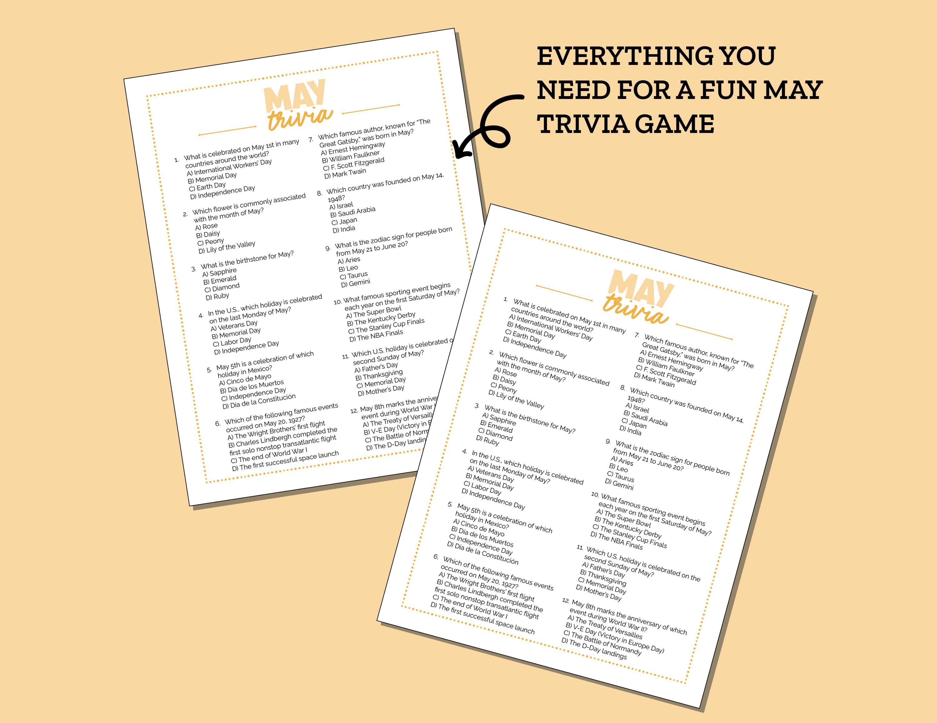 May Trivia Printable Game, May Quiz Question and Answers, May Themed ...