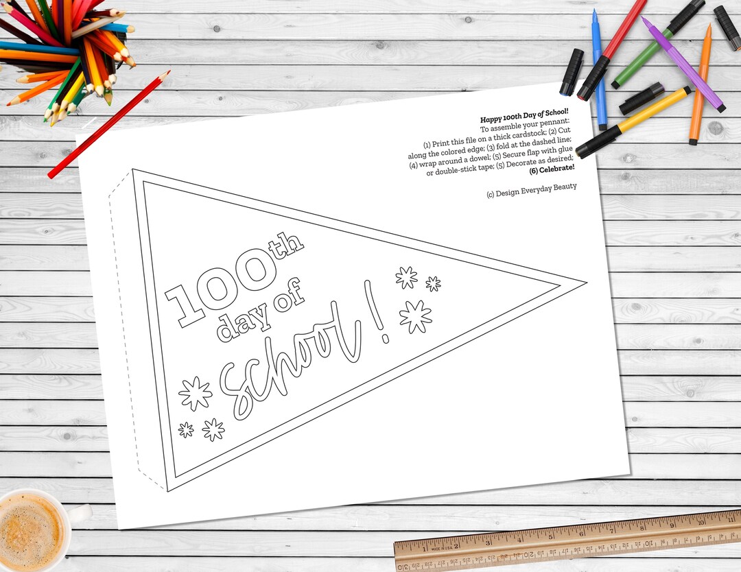 100th Day of School Pennant Flag Coloring Page Activity, Celebrate 100 ...