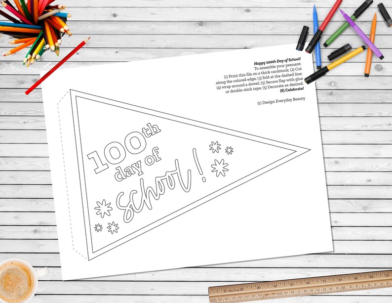 100th Day of School Pennant Flag Coloring Page Activity - Etsy