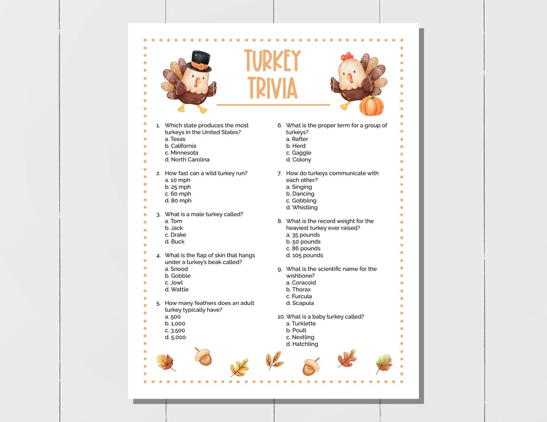 Turkey Trivia Game, Thanksgiving Trivia Game, Fun Thanksgiving Game for ...