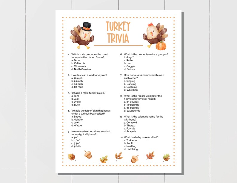 Turkey Trivia Game, Thanksgiving Trivia Game, Fun Thanksgiving Game for ...