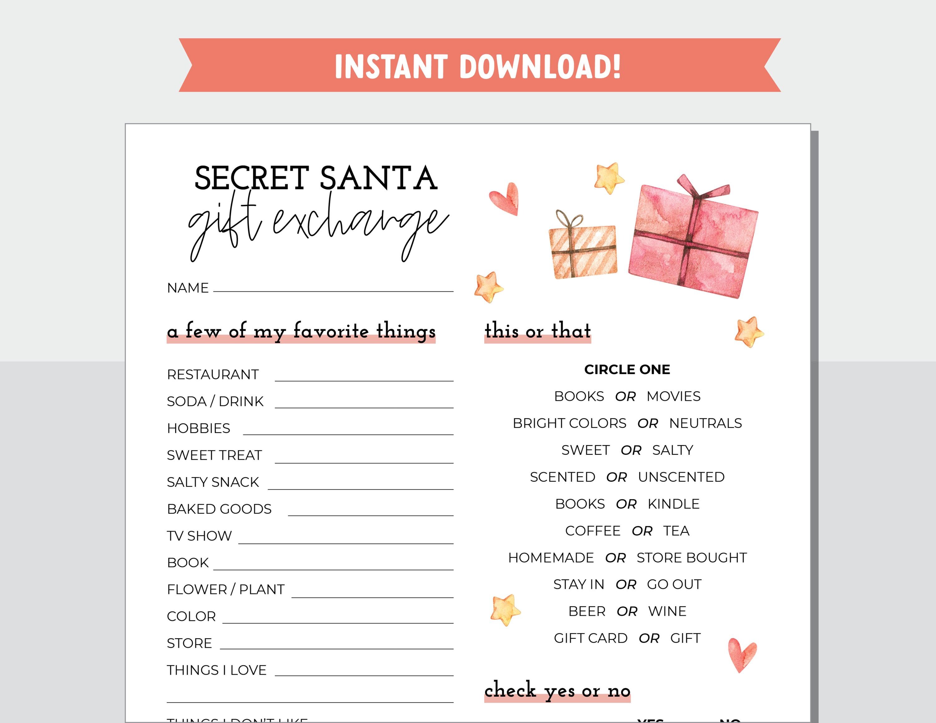 Secret Santa Questionnaire, Gift Exchange Survey and Favorite Things ...