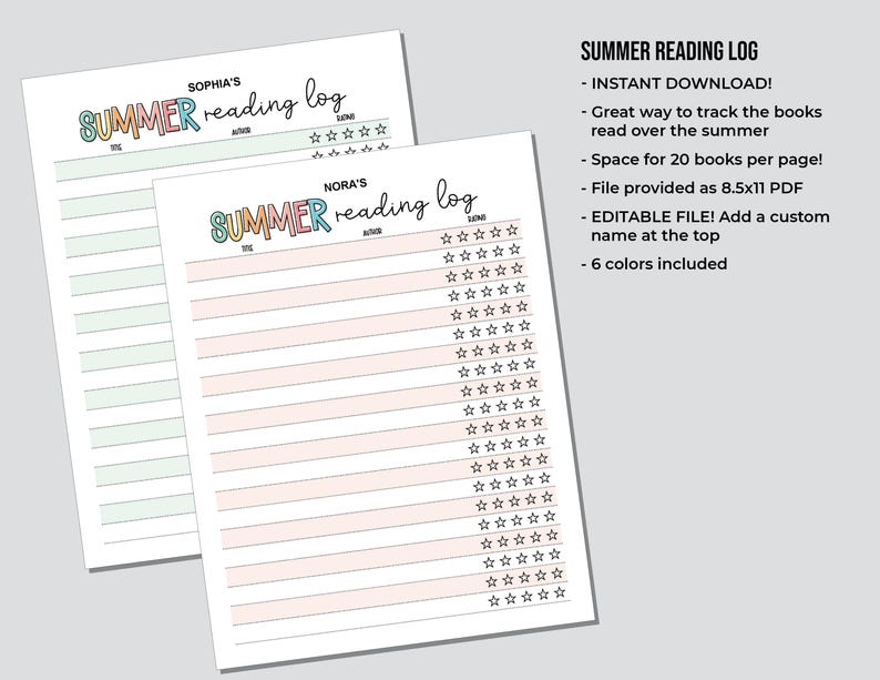 EDITABLE Summer Reading Log for Kids, Summer Reading Printables, Summer ...