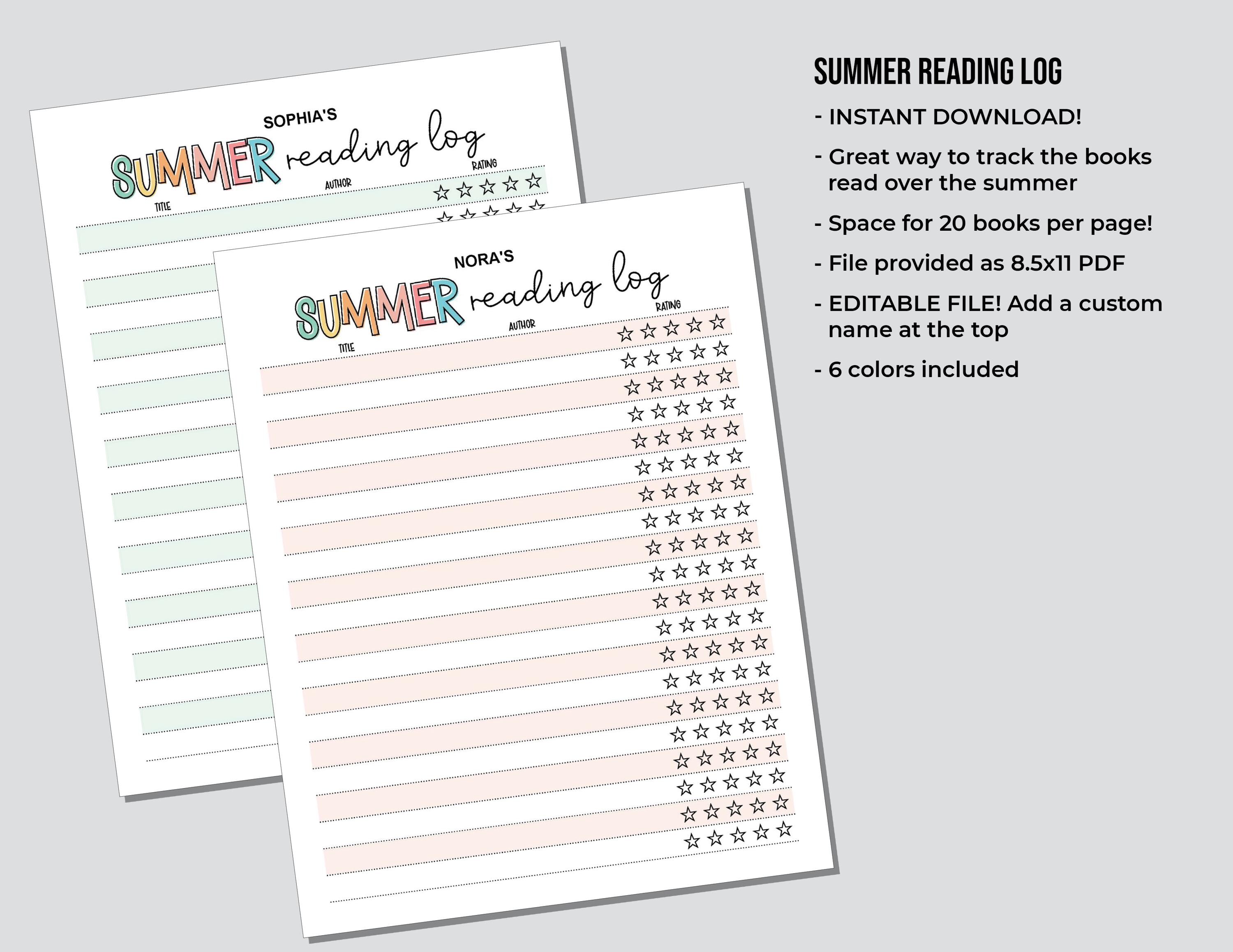 EDITABLE Summer Reading Log for Kids, Summer Reading Printables, Summer ...