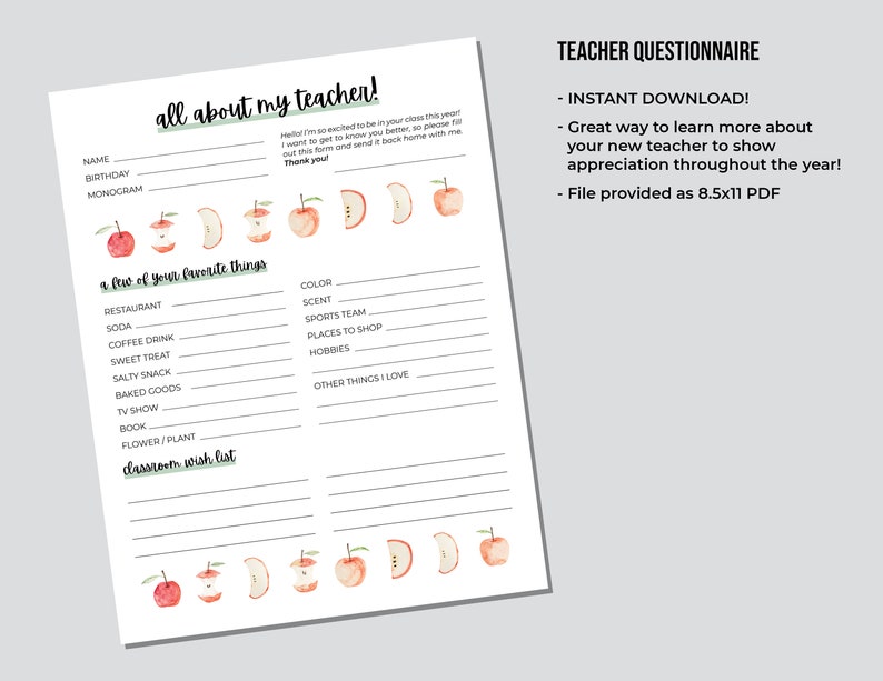 All About the Teacher Printable With Classroom Wishlist - Etsy