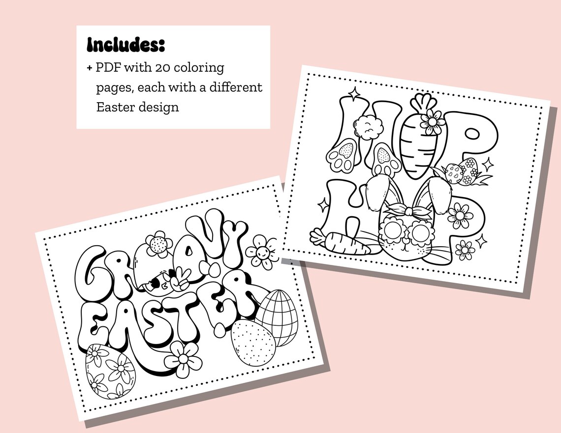 Retro Easter Coloring Pages for Kids, 20 Groovy Coloring Sheet Bundle ...