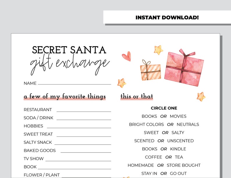 Secret Santa Questionnaire Gift Exchange Survey and Favorite - Etsy