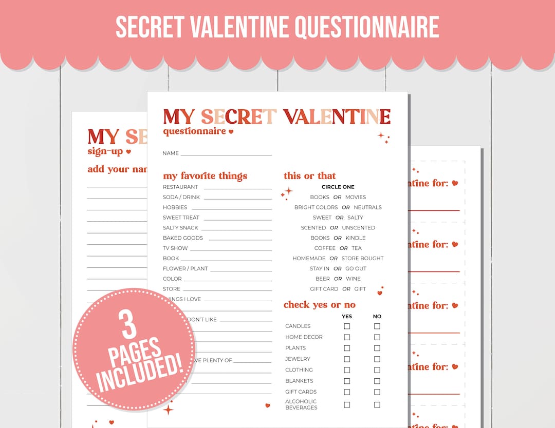 Secret Valentine Questionnaire, Valentines Day Gift Exchange Survey and ...