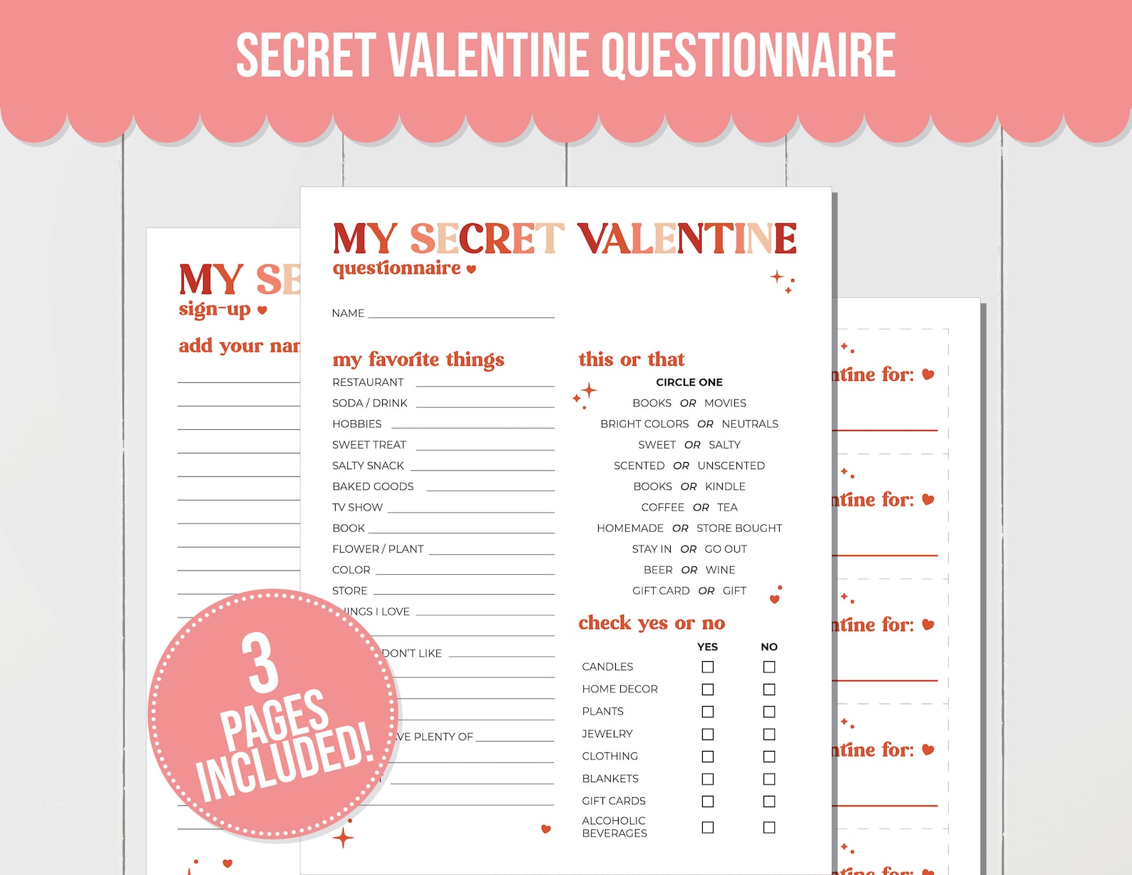 Secret Valentine Questionnaire, Valentines Day Gift Exchange Survey and ...
