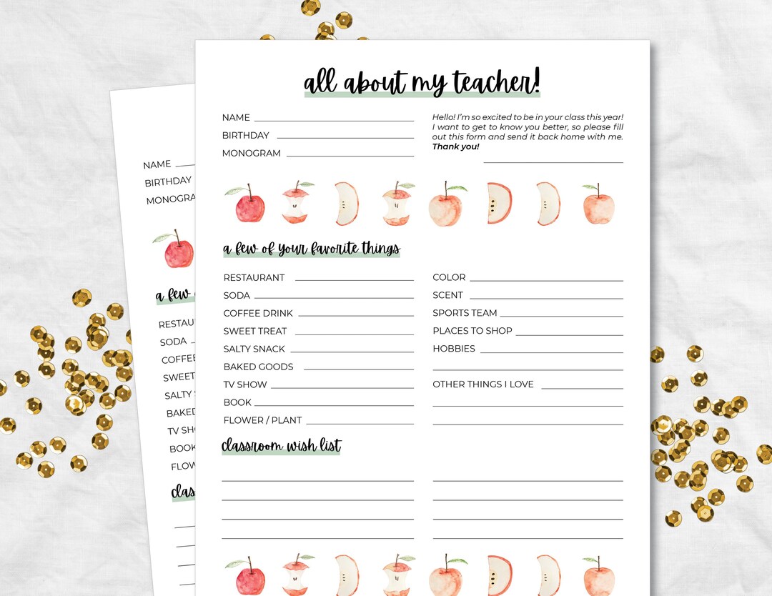 All About the Teacher Printable With Classroom Wishlist, Teacher ...
