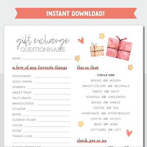 Gift Exchange Questionnaire, Gift Exchange Survey and Favorite Things ...
