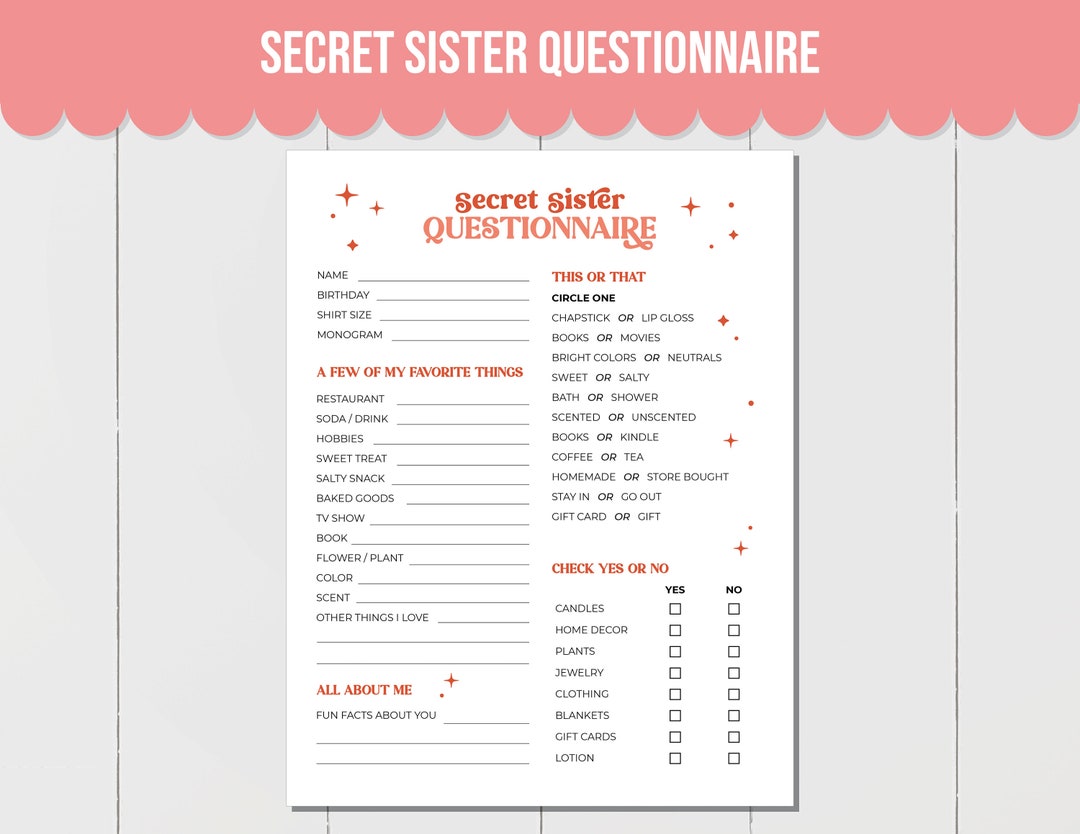 Secret Sister Questionnaire, Gift Exchange Survey and Favorite Things ...