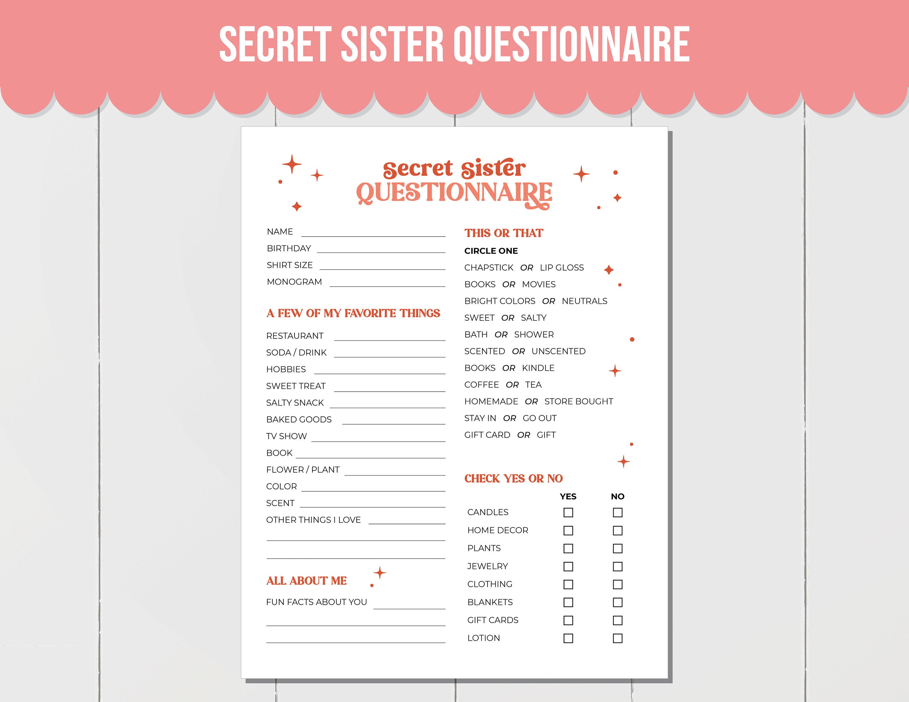 Secret Sister Questionnaire, Gift Exchange Survey and Favorite Things ...