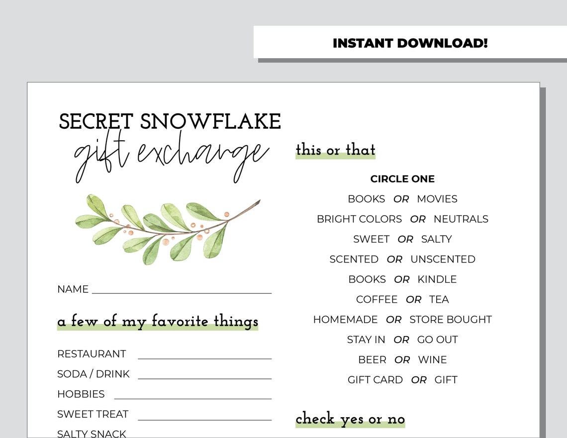 Secret Snowflake Questionnaire Gift Exchange Survey and - Etsy
