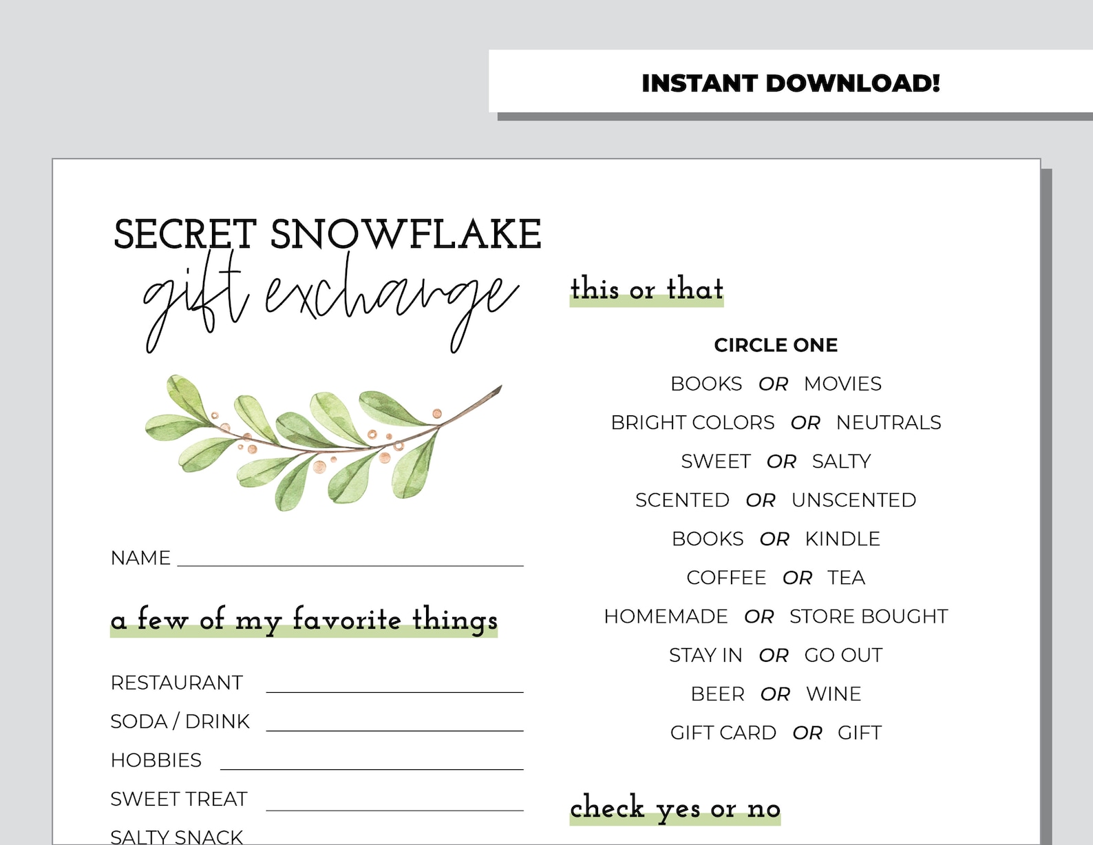 Secret Snowflake Questionnaire Gift Exchange Survey and - Etsy