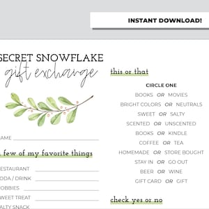 Secret Snowflake Questionnaire, Gift Exchange Survey and Favorite ...