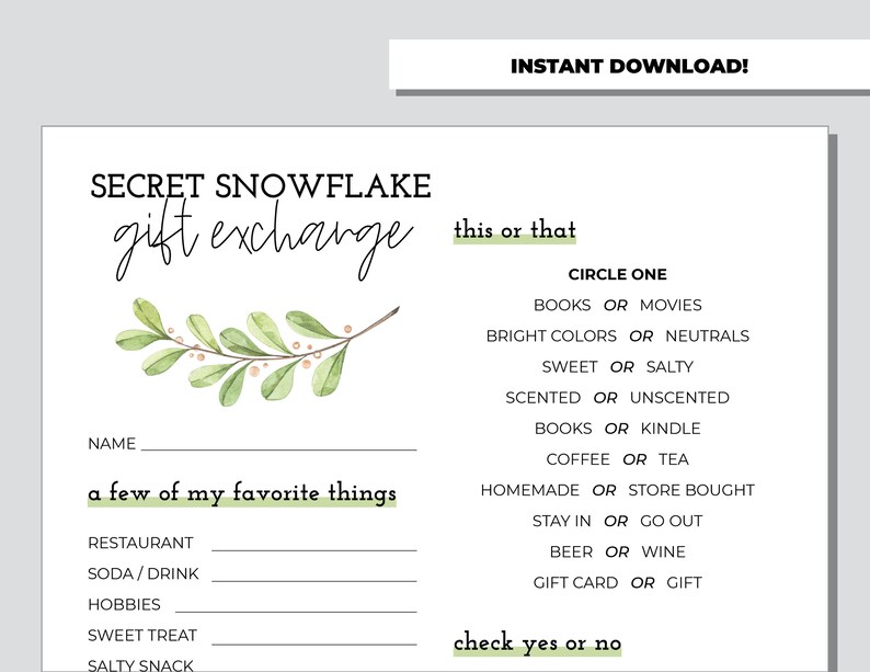 Secret Snowflake Questionnaire, Gift Exchange Survey and Favorite ...