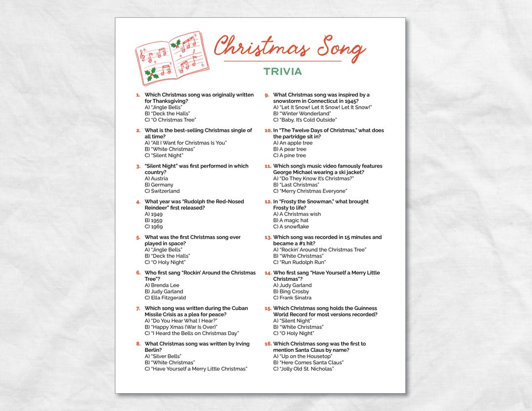 Christmas Song Trivia Game for Christmas Party Game, Christmas Trivia ...