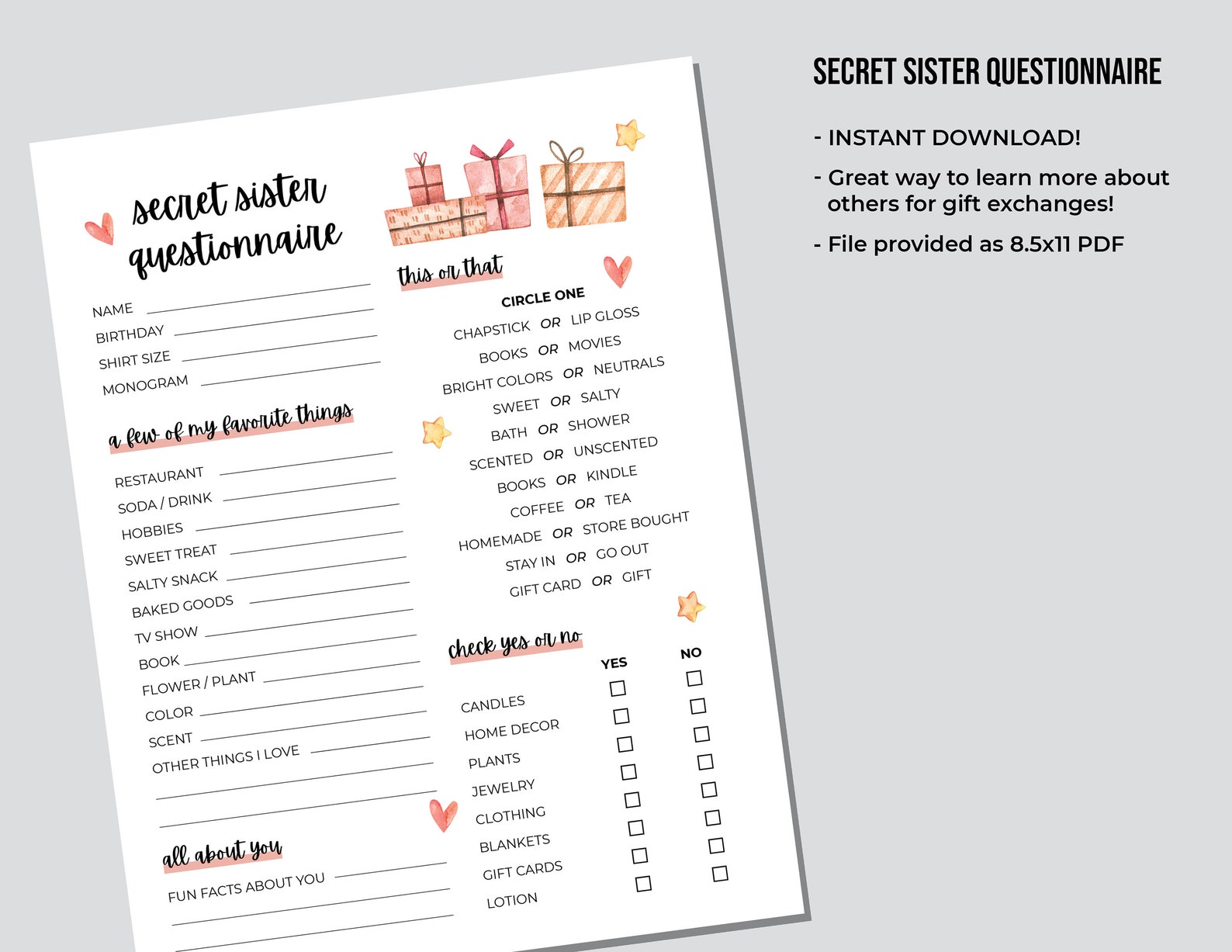 Christmas Secret Sister Questionnaire, Gift Exchange Survey and ...