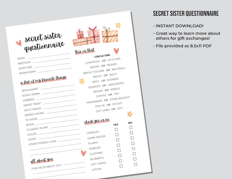 Christmas Secret Sister Questionnaire Fall Gift Exchange - Etsy
