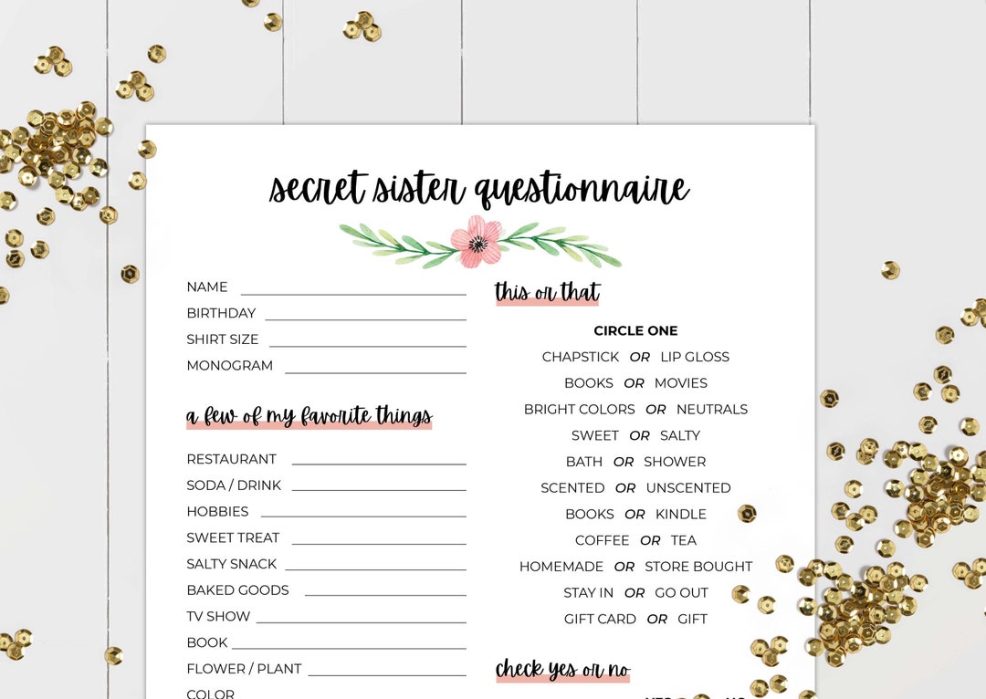 Secret Sister Questionnaire, Gift Exchange Survey and Favorite Things ...