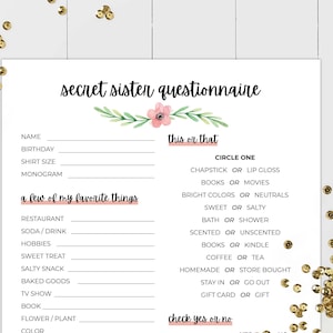 Secret Sister Questionnaire, Gift Exchange Survey and Favorite Things ...