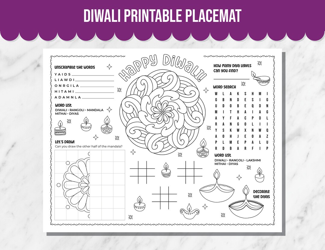 Diwali Coloring Page Placemat Activity for Kids Diwali Celebration ...