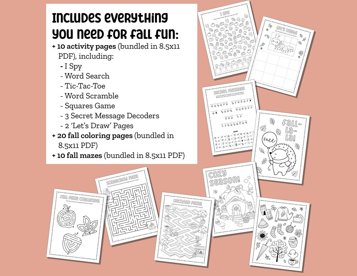 Fall Printable Activity Bundle Including Coloring Pages, Word Search ...