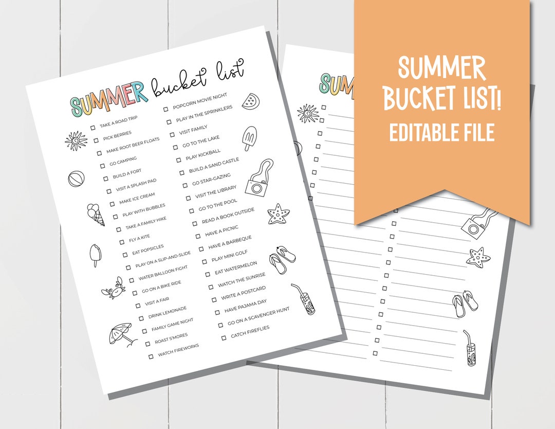 EDITABLE Summer Bucket List for Kids, Summer to Do List Printable - Etsy