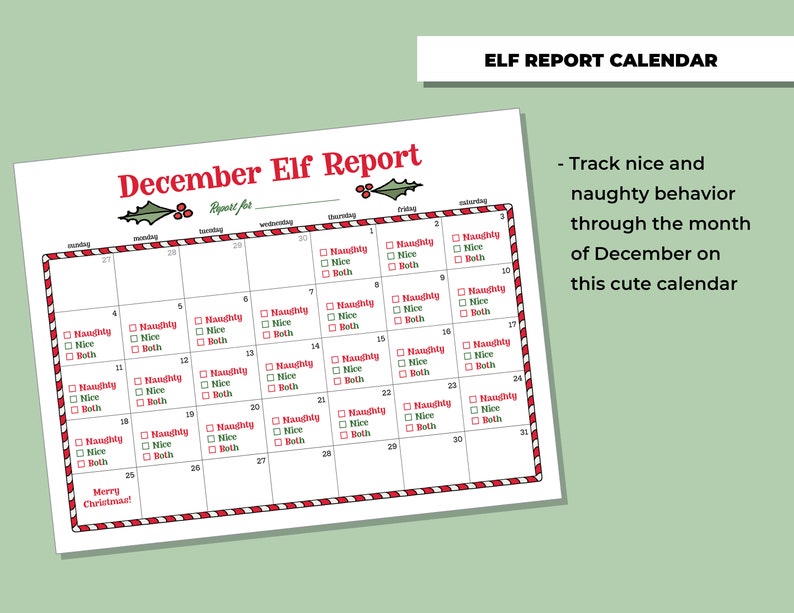 Elf Report Calendar Printable December Elf Calendar Elf on - Etsy
