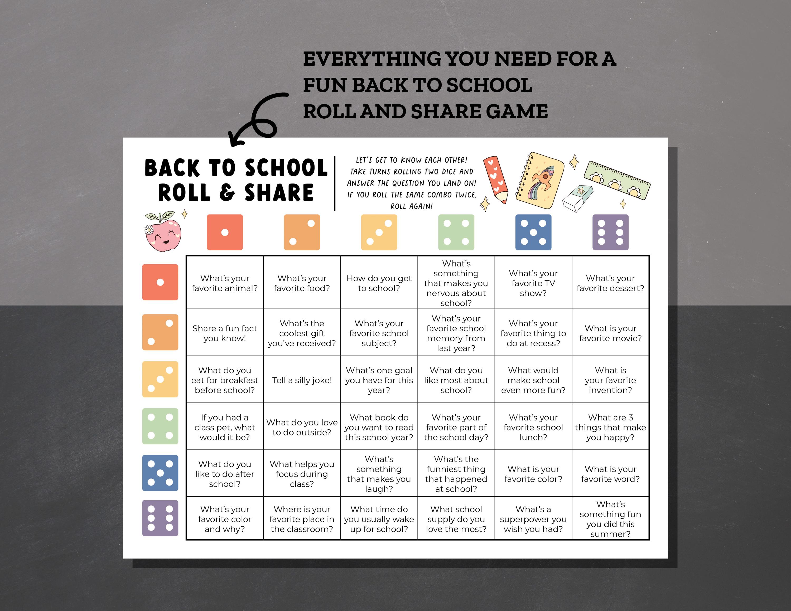 Back to School Roll and Share Game for Classroom Icebreaker, Kids Dice ...