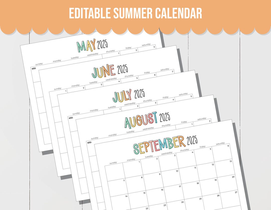 EDITABLE Summer 2025 Calendar Set Including May, June, July, August ...