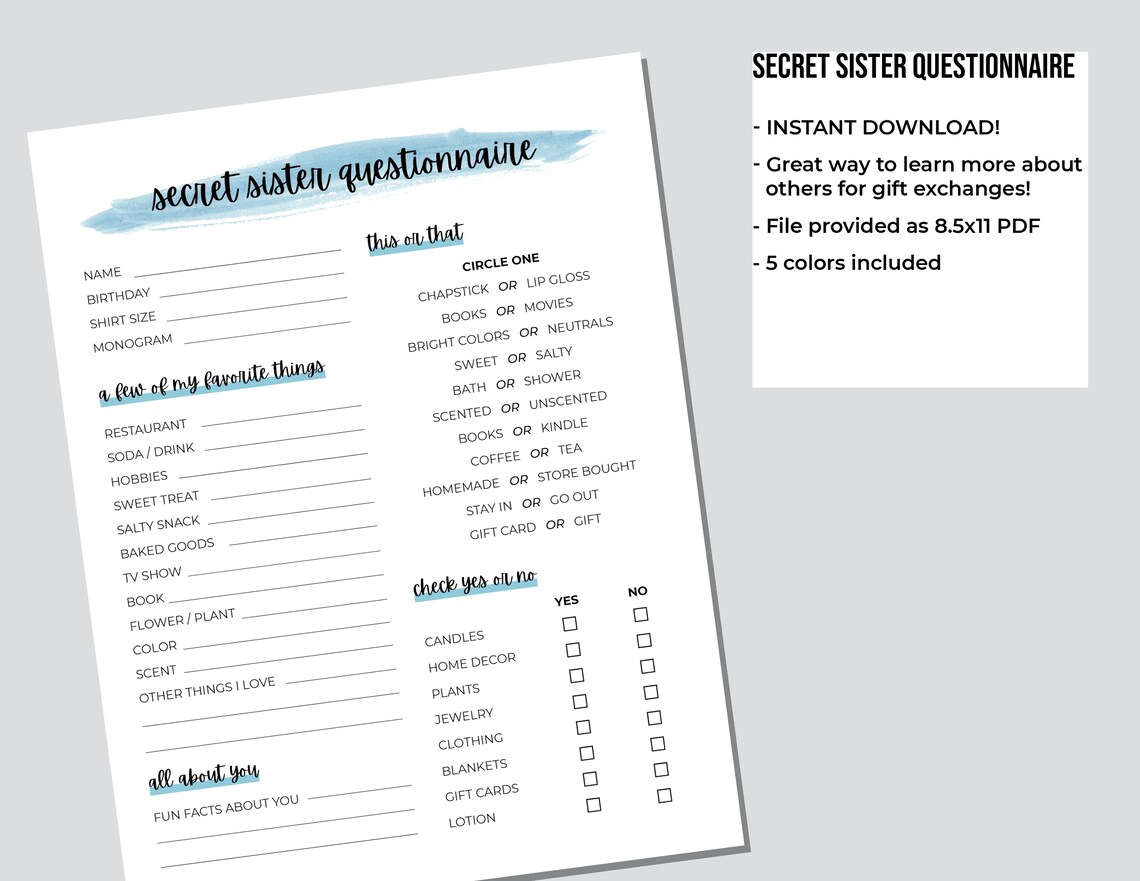 Secret Sister Questionnaire Gift Exchange Survey and Favorite - Etsy