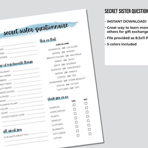 Secret Sister Questionnaire, Gift Exchange Survey and Favorite Things Quiz, Secret Sister ...