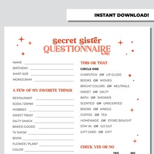 Secret Sister Questionnaire, Gift Exchange Survey and Favorite Things ...