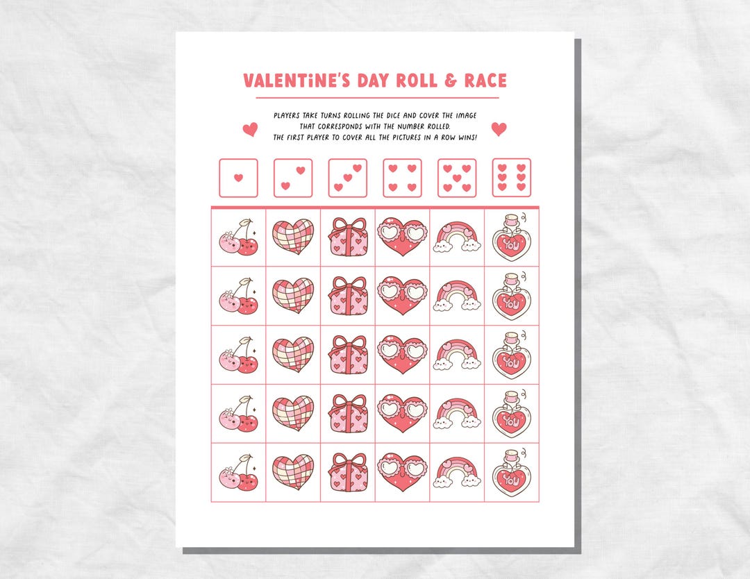 Valentines Day Roll & Race Game for Classroom Party, Dice Game for Kids Valentines Day Party ...