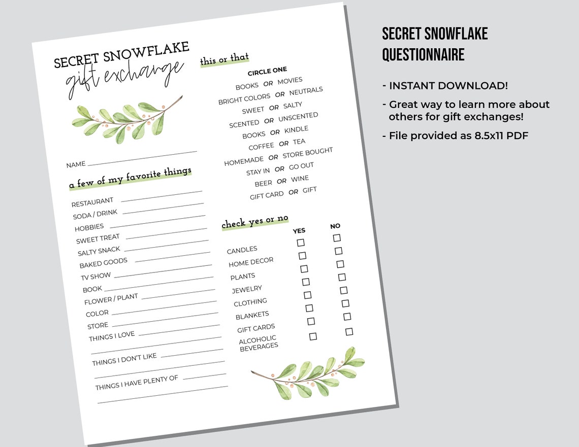 Secret Snowflake Questionnaire Gift Exchange Survey and - Etsy