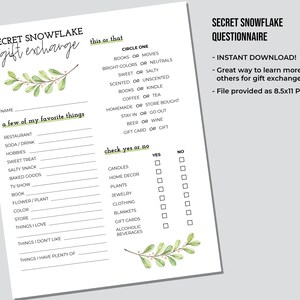 Secret Snowflake Questionnaire, Gift Exchange Survey and Favorite ...