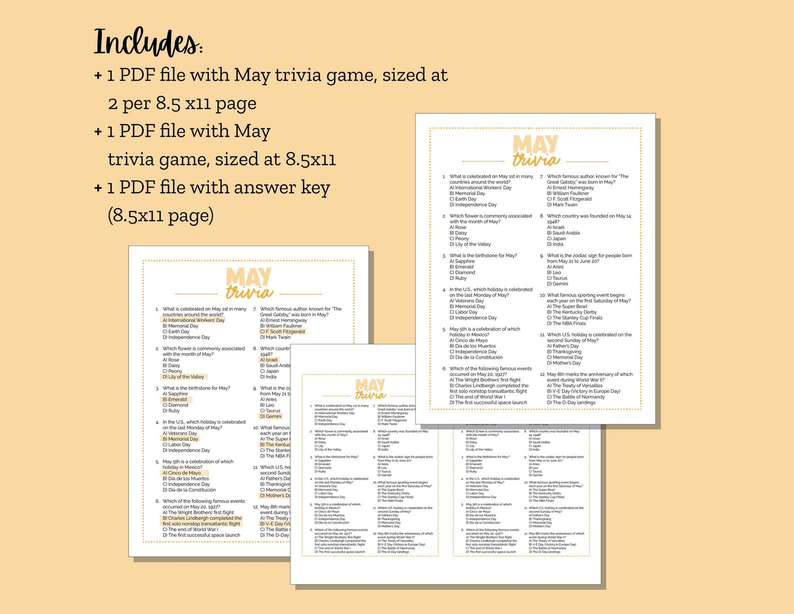 May Trivia Printable Game, May Quiz Question and Answers, May Themed ...