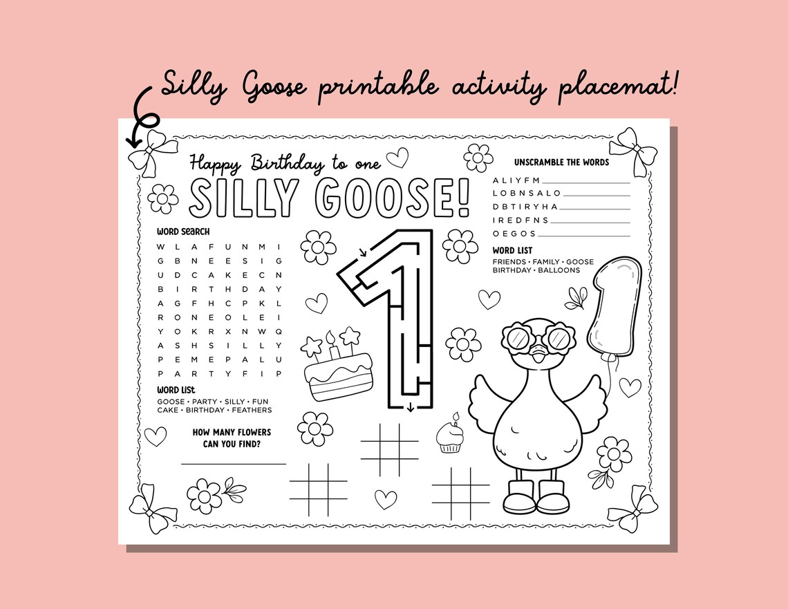 Silly Goose Placemat Activity, Girl Goose Birthday Activity Sheet, ONE ...