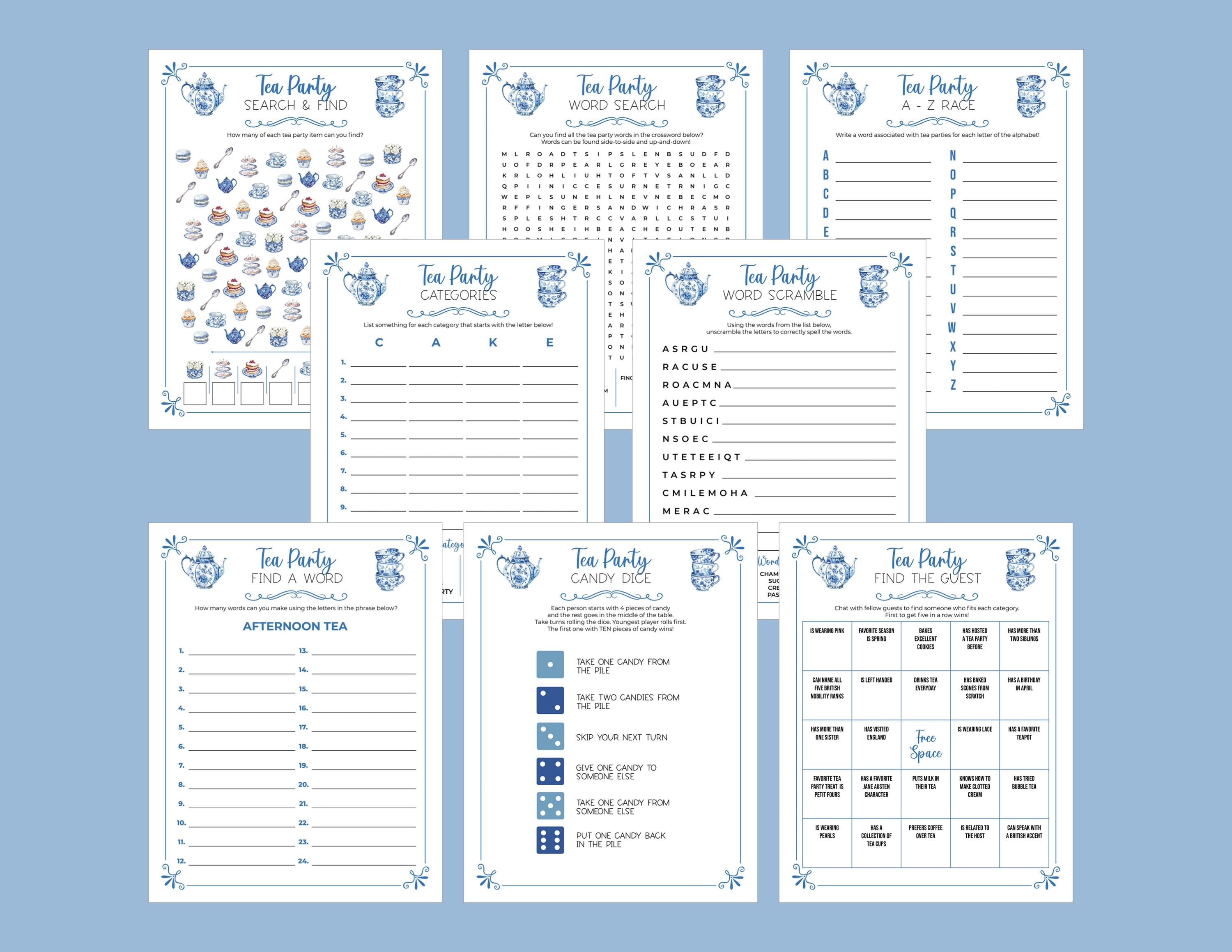 Blue Toile Tea Party Game Bundle With Tea Party Game Ideas, Birthday ...