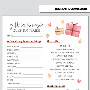 Gift Exchange Questionnaire, Gift Exchange Survey and Favorite Things ...