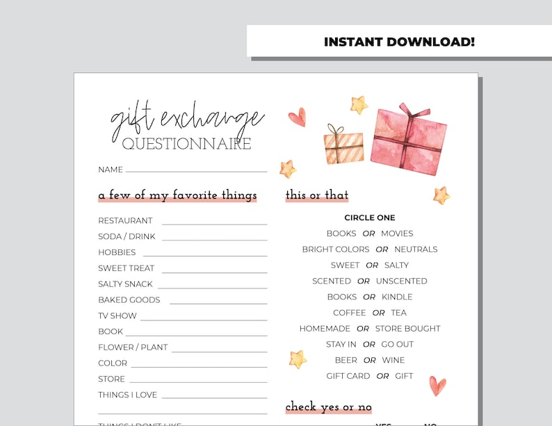 Gift Exchange Questionnaire, Gift Exchange Survey and Favorite Things ...